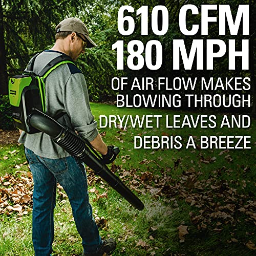 Greenworks 80V (180 MPH / 610 CFM / 75+ Compatible Tools) Cordless Brushless Backpack Blower, 2.5Ah Battery and Rapid Charger Included