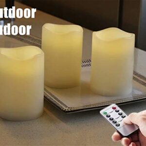 Set of 3 Outdoor IP44 Warm White LED Rainproof Waterproof Flameless Battery LED Pillar Candles with Remote and Timer, Plastic, Won't Melt, Weather Resistant Design 3 x 4", Timer 24hours