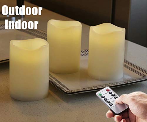 Set of 3 Outdoor IP44 Warm White LED Rainproof Waterproof Flameless Battery LED Pillar Candles with Remote and Timer, Plastic, Won't Melt, Weather Resistant Design 3 x 4", Timer 24hours