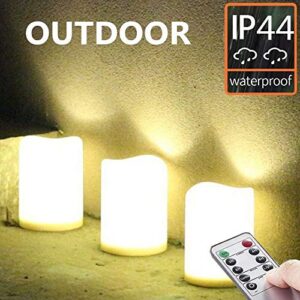 Set of 3 Outdoor IP44 Warm White LED Rainproof Waterproof Flameless Battery LED Pillar Candles with Remote and Timer, Plastic, Won't Melt, Weather Resistant Design 3 x 4", Timer 24hours