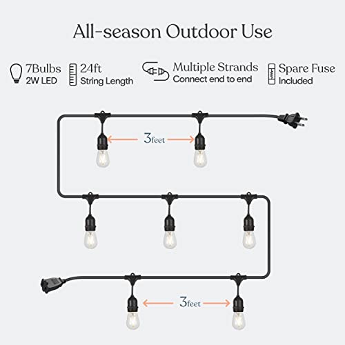 Brightech Ambience Pro - Waterproof LED Outdoor String Lights - 7 Hanging, 2W Dimmable Vintage Edison Bulbs, 24 Ft Commercial Grade Patio Lights Create Cafe Christmas Ambience in Your Backyard