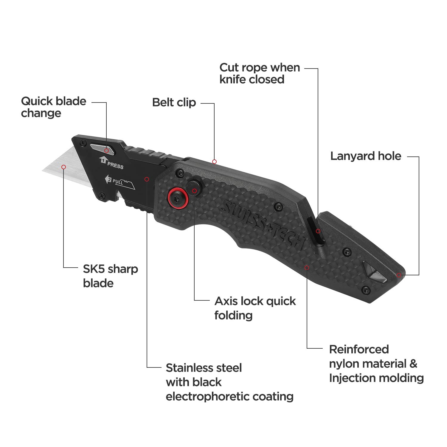 Swiss+Tech Utility Knife Set, 2-pack Quick Change Box Cutter, Speed Release Folding Knife with Belt Clip and Landyard Hole, Extra 10 Pieces SK5 Blades Included