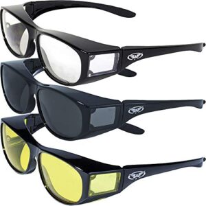 global vision escort safety fit over glasses, black frame (3 pack - 1 clear lens, 1 smoke lens, 1 yellow lens)