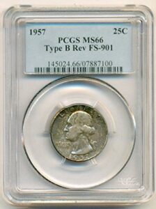 1957 washington type b reverse variety fs-901 quarter ms66 pcgs