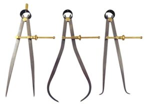 3 piece set toolmaker's “yankee” rapid adjust quick spring nut dividers, inside id & outside od calipers, 0-8.5” / 215 mm range, brass fulcrum and fine adjustment, flat leg, c7-8, c8-8, c9-8