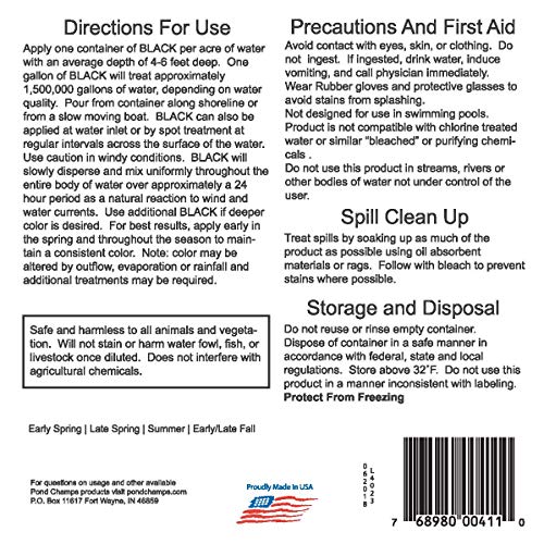 Pond Champs Black Lake & Pond Dye – One Gallon of Deep Black Pond Colorant – Treats 1 Acre – Keeps Pond Safe from UV Rays - Safe for Fish, Wildlife, Pets & Children