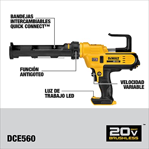 DEWALT 20V MAX Caulking Gun, Cordless, 10oz, Variable Speed Trigger, Interchangeable Canister Trays, Bare Tool Only (DCE560B)