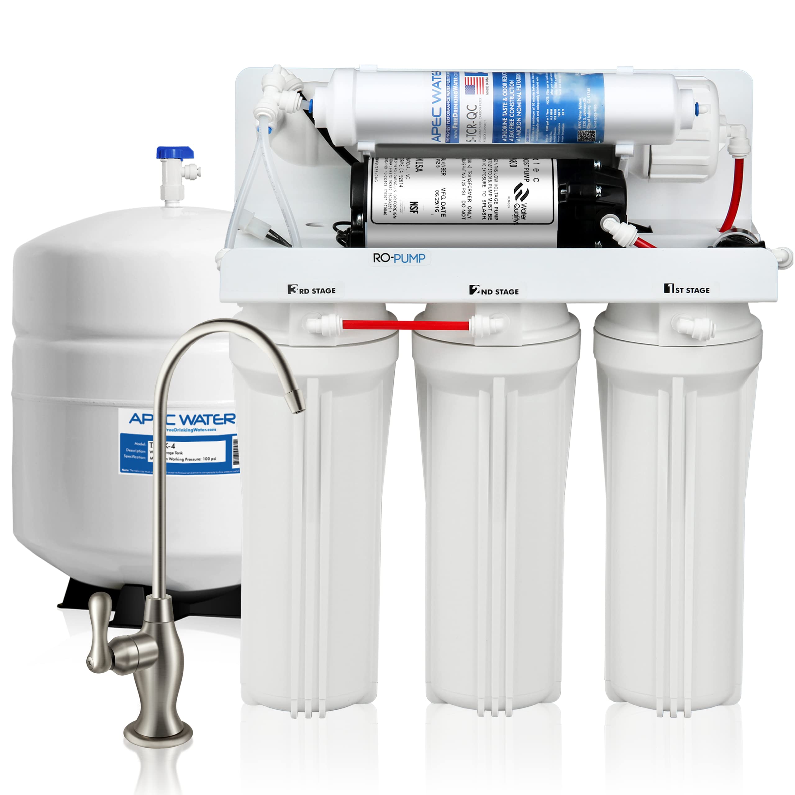 APEC Water Systems RO-PUMP-120V Top Tier Ultra Safe Reverse Osmosis Drinking Water Filtration System with US Made Booster Pump