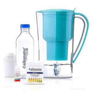 alkanatur alkaline water filter pitcher removes fluorides, chlorine, heavy metals, impurities, etc., alkaline, ionized, hydrogenated water, high ph of 9.5, adds magnesium - most certified pitcher