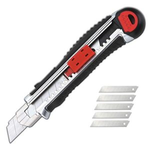 kutir retractable box cutter utility knife - easy self loading zinc-alloy heavy duty carpet, rope, cardboard comfortable handle knive, 4 sharp rust proof razor snap-off blades set - metal safety lock