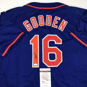 autographed/signed dwight doc gooden new york blue baseball jersey jsa coa