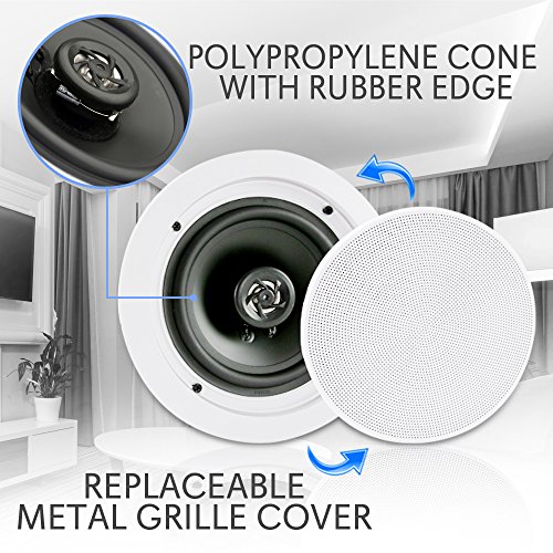 Pyle Pair 8” Bluetooth Flush Mount In-wall In-ceiling 2-Way Universal Home Speaker System Spring Loaded Quick Connections Polypropylene Cone Polymer Tweeter Stereo Sound 250 Watts , White,Single.