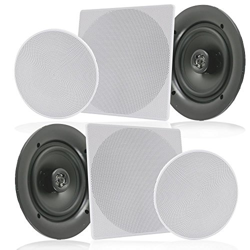 Pyle Pair 6.5” Flush Mount In-wall In-ceiling 2-Way Speaker System Spring Loaded Quick Connections Changeable Round/Square Grill Stereo Sound Polypropylene Cone Polymer Tweeter 200 Watts (PDIC1666)