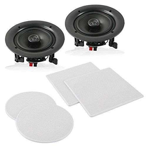 Pyle Pair 6.5” Flush Mount In-wall In-ceiling 2-Way Speaker System Spring Loaded Quick Connections Changeable Round/Square Grill Stereo Sound Polypropylene Cone Polymer Tweeter 200 Watts (PDIC1666)