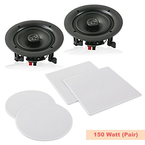 Pyle Pair 5.25” Flush Mount In-wall In-ceiling 2-Way Speaker System Spring Loaded Quick Connections Changeable Round/Square Grill Stereo Sound Polypropylene Cone Polymer Tweeter 150 Watts (PDIC1656)