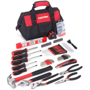 fastpro 215-piece home repairing tool set with 12-inch wide mouth open storage bag,household hand tool kit,red