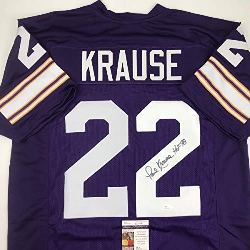 Autographed/Signed Paul Krause HOF 98 Minnesota Purple Football Jersey JSA COA