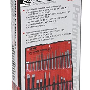 Performance Tool W7540 28-Piece Punch and Chisel Set - Strong 6150 Chrome Vanadium Steel, Heat Treated and Tempered, with Storage Tray Included