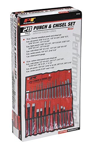 Performance Tool W7540 28-Piece Punch and Chisel Set - Strong 6150 Chrome Vanadium Steel, Heat Treated and Tempered, with Storage Tray Included