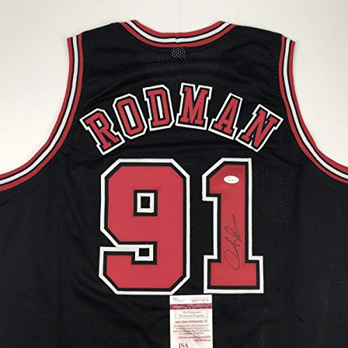 Autographed/Signed Dennis Rodman Chicago Black Basketball Jersey JSA COA