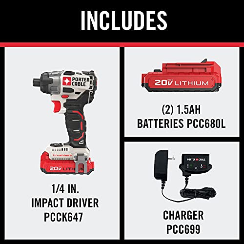 PORTER-CABLE 20V MAX Impact Driver Kit, 1/4 Inch, 2,700 RPM, Battery and Charger Included (PCCK647LB)