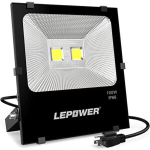 lepower 100w led flood light outdoor, plug in exterior work light, 500w halogen bulb equivalent, ip66 waterproof, 8000lm, 6000k, outdoor floodlight fixture for backyard, garden, garage, playground