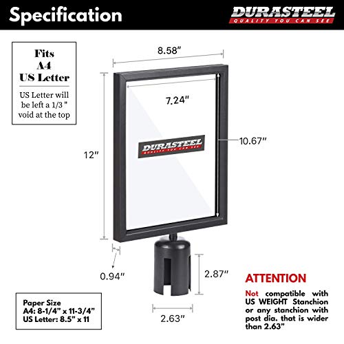 DuraSteel Stanchion Sign Holder - Portrait Display for 8.5" x 11" Paper Size - Double Sided Sign Frame with Plexiglass Cover - NOT Fit with US Weigh Sentry Stanchion - Crowd Control & Queue Barrier