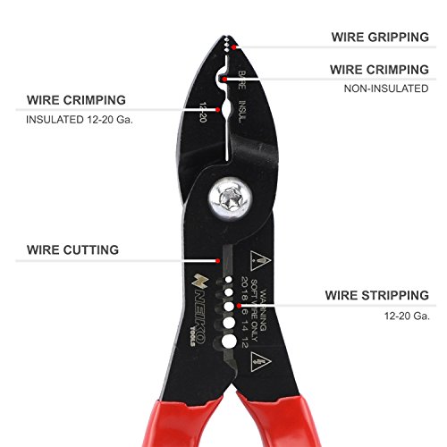 NEIKO 02037A Compact Wire Stripper | 4-in-1 Multi Purpose Electricians Pliers | Wire Crimper, Cutter and Gripper | 12-20 AWG Wire Service Tool | Crimps Insulated & Non-Insulated | Electrical Stripping