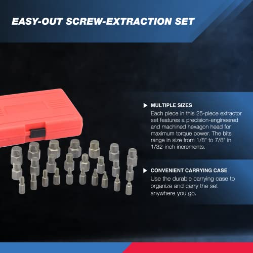 NEIKO 04204A Hex-Head Multispline Screw and Bolt Extractor Set, Easy-Out Screw Extraction, Broken Bolt Remover, Stripped Fastener Tool, 1/8 Inch to 7/8 Inch in 1/32-Inch Increments, CrMo, 25 Pieces