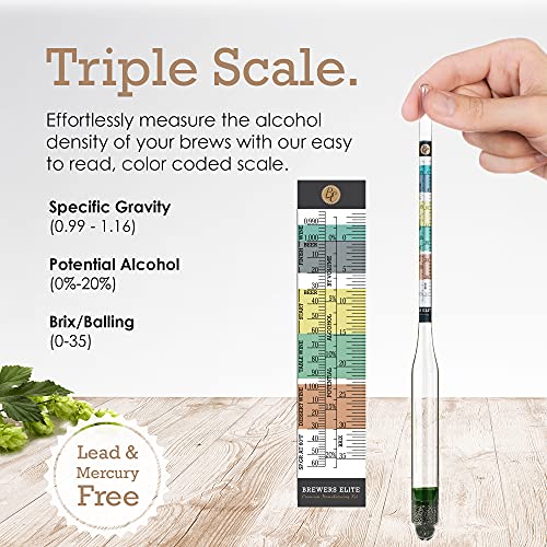 Brewer's Elite Hydrometer & Plastic Test Jar - for Home Brew Beer, Wine, Mead and Kombucha - Deluxe Triple Scale Set, Hardcase and Cloth - Specific Gravity ABV Tester