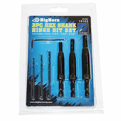 Big Horn 19163#3, 5, 9 VIX-BIT - 5/64 Inch, 7/64 Inch, 9/64 Inch Self-Centering Hinge Bit with 1/4 Inch Hex Shank Includes Extra Drill Bits & Hex Key