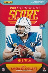 2019 score football factory sealed hanger box with 60 cards including 4 exclusive purple parallels and 12 rookie cards in each box and chance for autographs of kyler murray and dwayne haskins plus