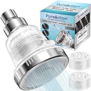 pureaction water softener shower head filter for hard water - chlorine & fluoride filtered - high pressure rain showerhead - 2 replaceable filters - best shower as dry skin & hair