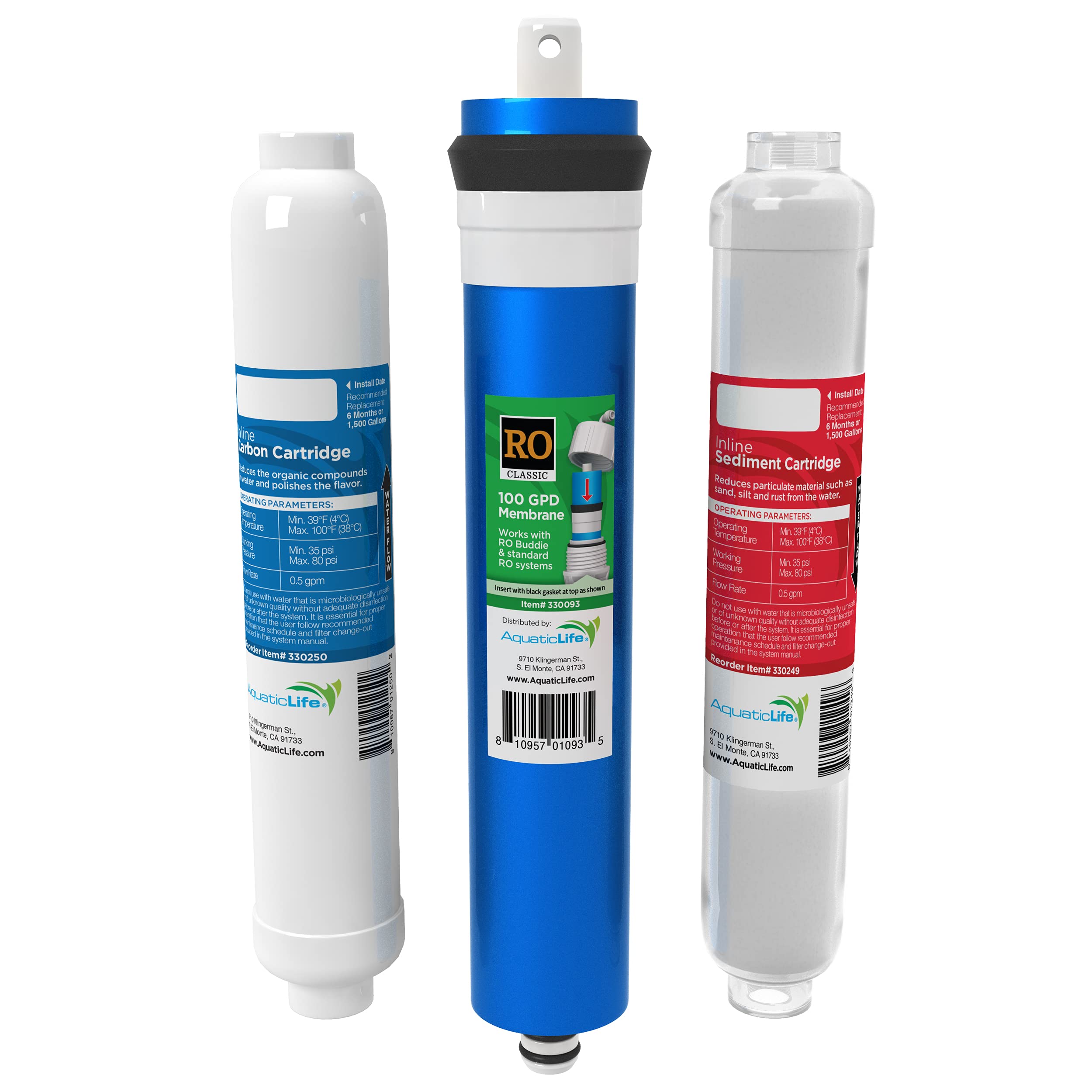 Aquatic Life RO Buddie Reverse Osmosis Replacement Filter Set - Inline Carbon Block Filter, Sediment Cartridge and 100 GPD Membrane for RO/RODI Water Filter System Units