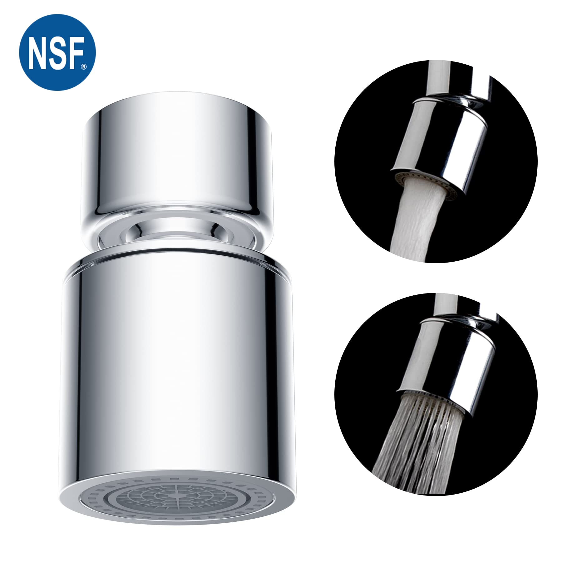 NSF Certified Faucet Aerator, CUPC Certification 360° Swivel Kitchen Sink Aerator, Dual-function 2-Flow Sprayer Faucet Head, Faucet Replacement Part 55/64 Inch Female Thread - Chrome