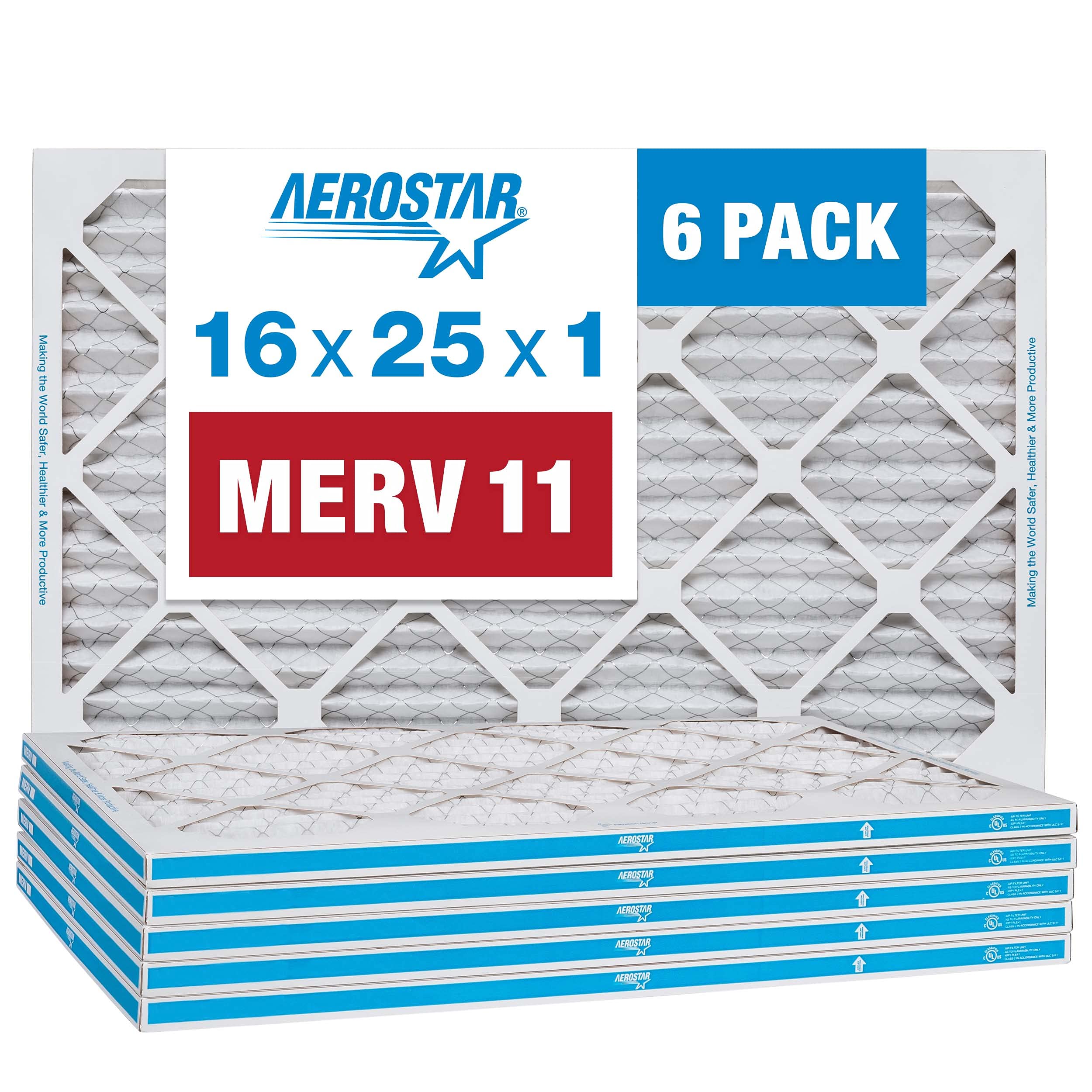 Aerostar 16x25x1 MERV 11 Pleated AC Furnace Air Filter, 6 Pack (Actual Size: 15 3/4"x 24 3/4" x 3/4")