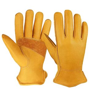 ozero flex grip leather work gloves stretchable wrist tough cowhide working glove 1 pair (gold, large)