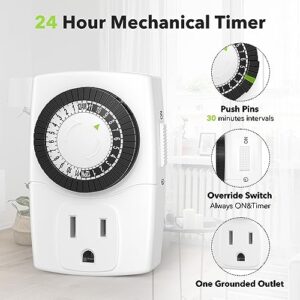 BN-LINK BND-60/U47 Indoor Mini 24-Hour Mechanical Outlet Timer, 3-Prong, 2-Pack