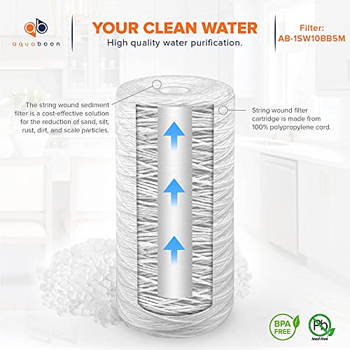 Aquaboon 5 Micron 10" x 4.5" String Wound Sediment Water Filter Cartridge | Whole House Sediment Filtration | Compatible with 84637, WPX5BB97P, PC10, 355214-45, 355215-45, WP10BB97P WP5BB97P 6-Pack