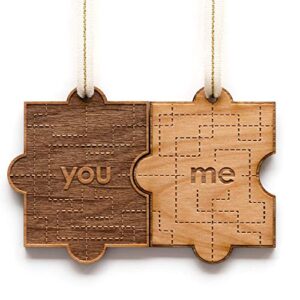 you and me puzzle piece wood ornament pair for wedding anniversary, holiday [personalized name love ornament, christmas gift for mom, dad, husband, couple, made in the usa]