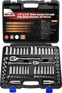 69 pieces - epauto 1/4” & 3/8” drive socket set with pear head ratchet, chrome (92-824)