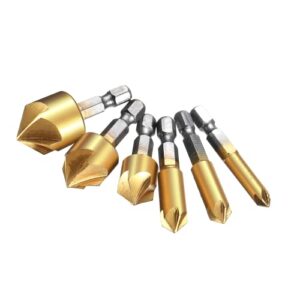 baban countersink drill bit,countersink drill bit set 6 pcs 1/4'' hex shank hss 5 flute countersink 90 degree center punch tool sets for wood quick change bit 6mm-19mm