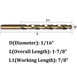 DRILLFORCE HSS General Purpose Heavy Duty Cobalt Jobber Length Twist Drill Bits Size 1/16 with 10pcs in Plastic Bag, Ideal for Drilling on mild Steel, Copper, Aluminum, Zinc Alloy etc. (1/16)