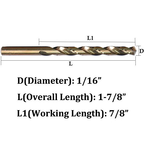 DRILLFORCE HSS General Purpose Heavy Duty Cobalt Jobber Length Twist Drill Bits Size 1/16 with 10pcs in Plastic Bag, Ideal for Drilling on mild Steel, Copper, Aluminum, Zinc Alloy etc. (1/16)