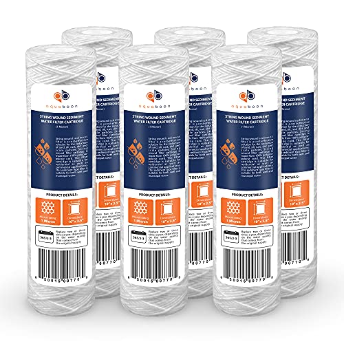 Aquaboon 1 Micron 10" x 2.5" String Wound Sediment Water Filter Cartridge | Universal Replacement for Any 10 inch RO Unit | Compatible with WFPFC4002, CW-F, PFC4002, SWC-25-1001, SWF-25-1001, 6-Pack