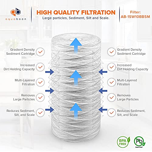 Aquaboon 5 Micron 10" x 4.5" String Wound Sediment Water Filter Cartridge | Whole House Sediment Filtration | Compatible with 84637, WPX5BB97P, PC10, 355214-45, 355215-45, WP10BB97P WP5BB97P 1-Pack