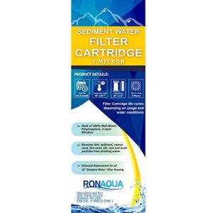 Sediment Water Filter Cartridge by Ronaqua 10"x 2.5", Four Layers of Filtration, Removes Sand, Dirt, Silt, Rust, made from Polypropylene (50 Pack, 5 Microns)