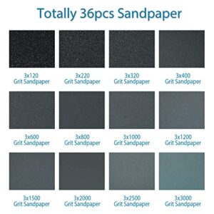 120 to 3000 Assorted Grit Sandpaper for Wood Furniture Finishing, Metal Sanding and Automotive Polishing, Dry or Wet Sanding, 9 x 3.6 Inch, 36-Sheet