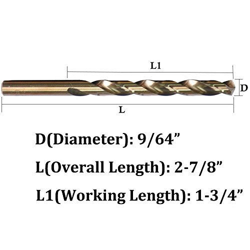 DrillForce 10pcs 9/64 inch x 2-7/8 inch Cobalt Drill Bits, High Speed Steel Twist Drill Bits, Jobber Length, Round Shank. Can drill Stainless Steel, Ideal for DIY, home, general building and engineeri