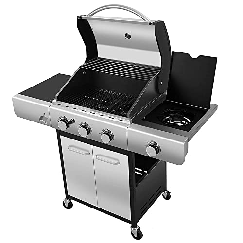 Kismile Gas Grill, 3-Burner Griddle with Extra Side Burner, Max. 34,000 BTU total, Built-in Thermometer, Stainless Steel Propane Grill for Camping Picnic Cookout BBQ